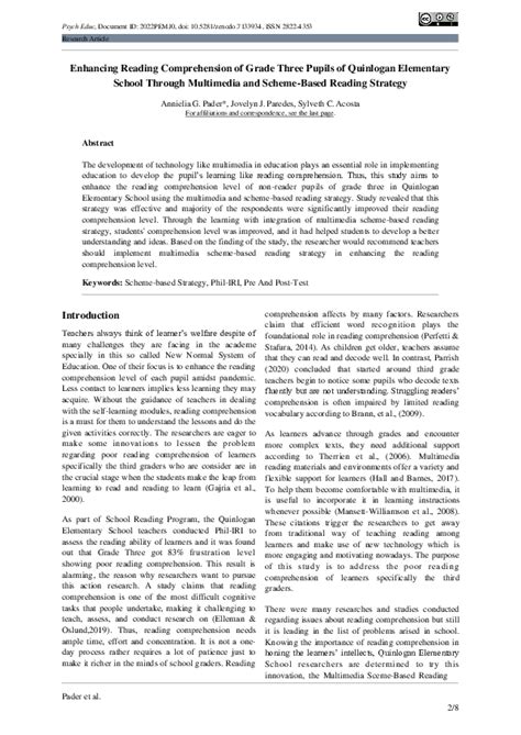 pdf enhancing reading comprehension of grade three pupils of quinlogan elementary school