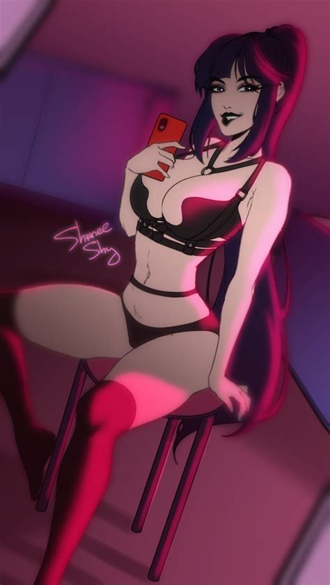 Rule 34 Big Breasts Biting Lip Black Lipstick Blue Eyes Blue Hair Cellphone Chair Cleavage