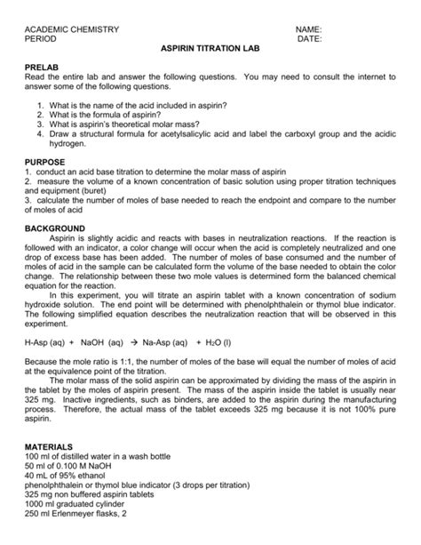 Aspirin Titration Lab Report Chemistry Experiment