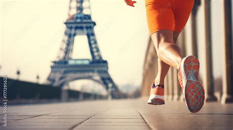Feet In Sneakers Run On A Blurred Background Of The Eiffel Tower Copy