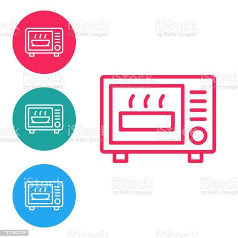 흰색 배경에 격리 된 빨간색 선 전자 레인지 아이콘 가전 제품 아이콘입니다 원 버튼에 아이콘을 설정합니다 벡터 가정 생활에 대한