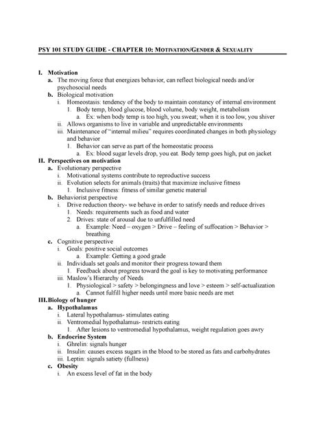 PSY 101 Study Guide Chapter 10 Motivation Gender Sexuality PSY 101 STUDY GUIDE CHAPTER