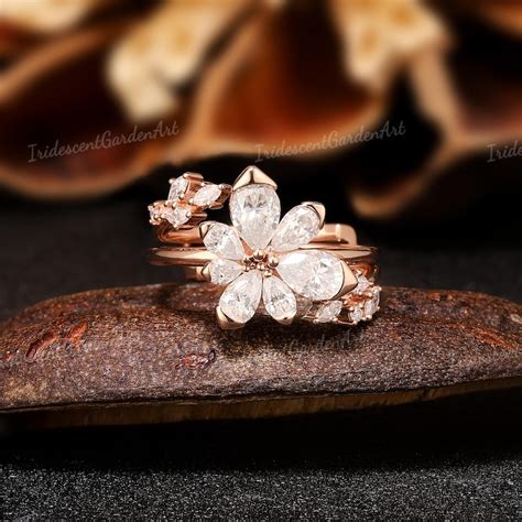 Flower Moissanite Engagement Ring Set Nature Inspired Leaf Ring Rose