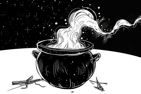 Black And White Illustration Of A Boiling Cauldron With Swirling Steam