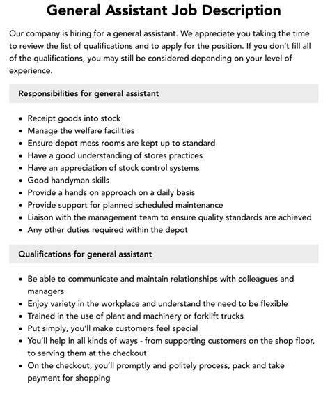 General Assistant Job Description Velvet Jobs