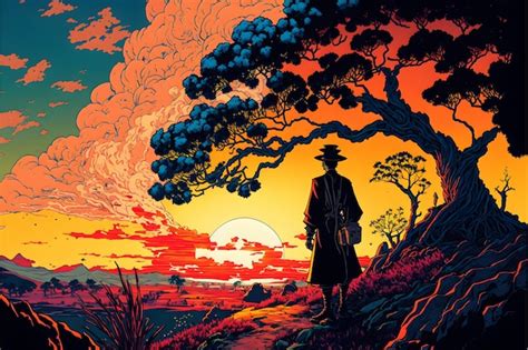 Papel De Parede árvores Nuvens E Pôr Do Sol Arte Digital Foto Premium