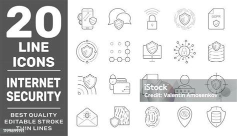 인터넷 서비스 및 데이터베이스 보호 벡터 선형 아이콘 세트 인터넷 호스팅 및 서버 데이터 전송 아이콘 격리 윤곽 그림의 컬렉션입니다 편집 가능한 스트로크입니다 Eps 10