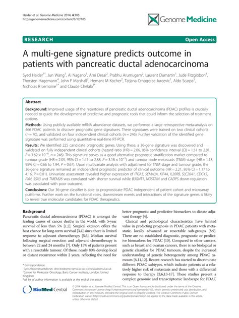 Pdf A Multi Gene Signature Predicts Outcome In Patients With Pancreatic Ductal Adenocarcinoma