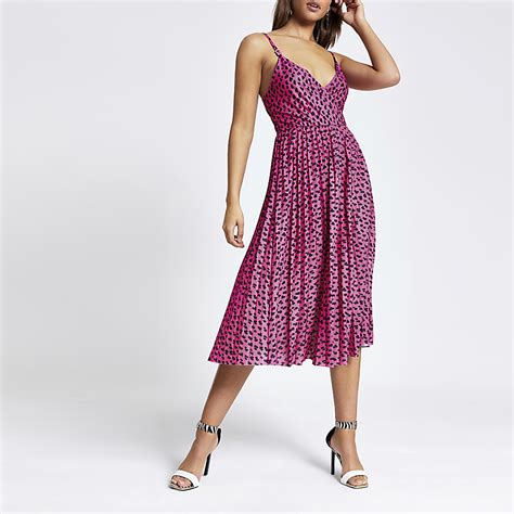 Pink Print Pleated Wrap Dress River Island