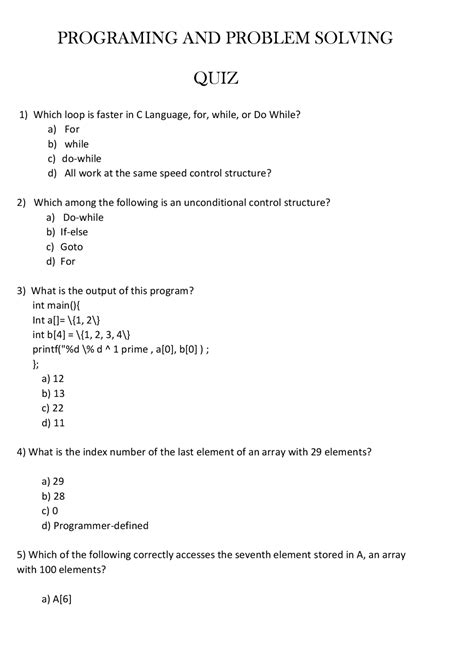 question on loop in c programming quizzes c programming docsity
