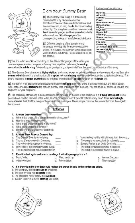 The Gummy Bear Worksheet Reading Worksheets Reading Comprehension
