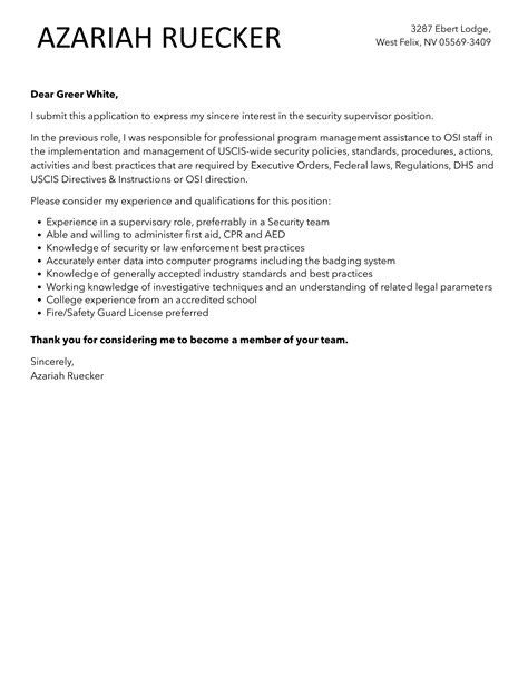 Security Supervisor Cover Letter Velvet Jobs