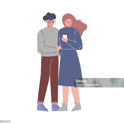행복한 커플 사랑 젊은 여자와 남자 포옹 여자 들고 종이 컵 의 커피 벡터 일러스트 귀여운에 대한 스톡 벡터 아트 및 기타 이미지 귀여운 남자 남편 Istock