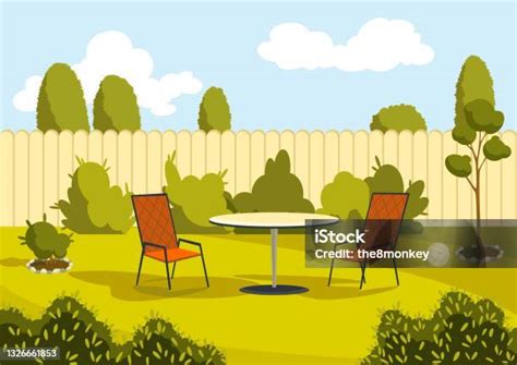 파티오 지역에는 만화 테이블과 의자가 있습니다 녹색 잔디와 맑은 안뜰 지역 야외 만화 뒤뜰 배경 벡터 일러스트레이션 뒤뜰에 대한 스톡 벡터 아트 및 기타 이미지 Istock
