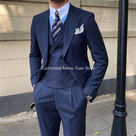 Costume Rayures Bleu Marine Pour Hommes 3 Pi Ces Simple Boutonnage R