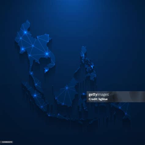 Southeast Asia Map Network Bright Mesh On Dark Blue Background High Res