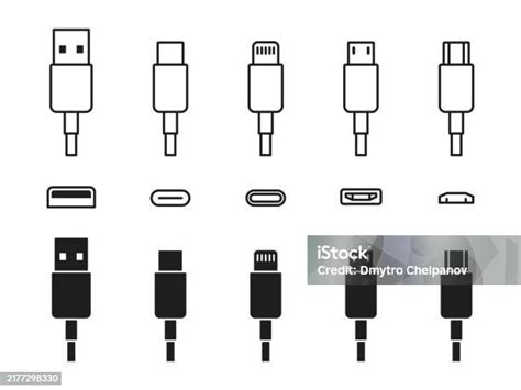 Usb 케이블 포트 아이콘 세트 Usb 유형 C A 번개 및 마이크로 Usb 휴대 전화 충전기 벡터 일러스트 레이션 모음 플러그 어댑터 기호입니다 전자 장치 커넥터 스마트폰