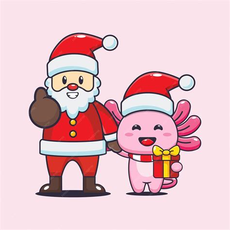 산타 클로스와 함께 귀여운 Axolotl입니다 귀여운 크리스마스 만화 그림입니다 프리미엄 벡터