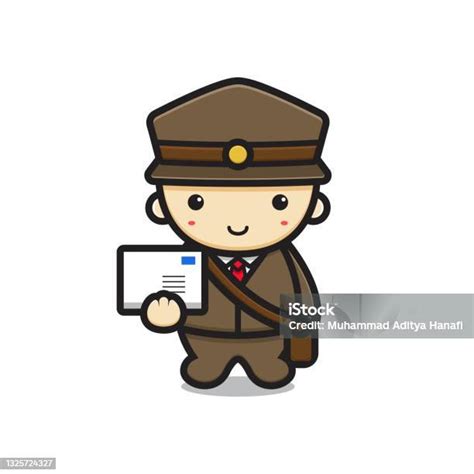 귀여운 우체부 마스코트 캐릭터 들고 편지 벡터 만화 아이콘 일러스트 가공의 인물에 대한 스톡 벡터 아트 및 기타 이미지
