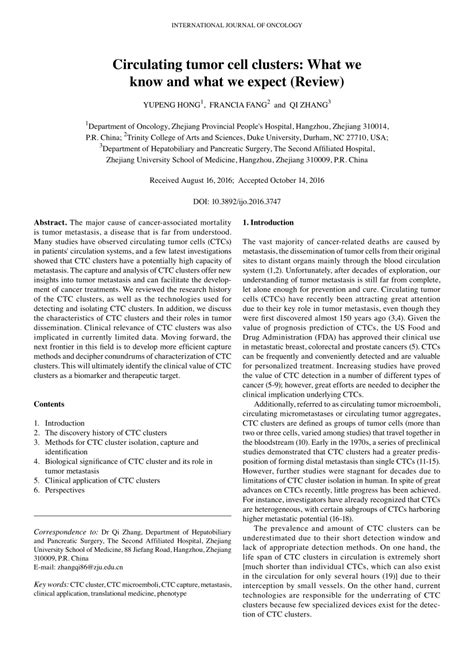 Pdf Circulating Tumor Cell Clusters What We Know And What We Expect Review