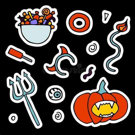 Doodle Halloween Sticker Set Hand Drawn Symbol Stock Vector