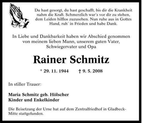Traueranzeigen Von Rainer Schmitz Trauer In Nrwde
