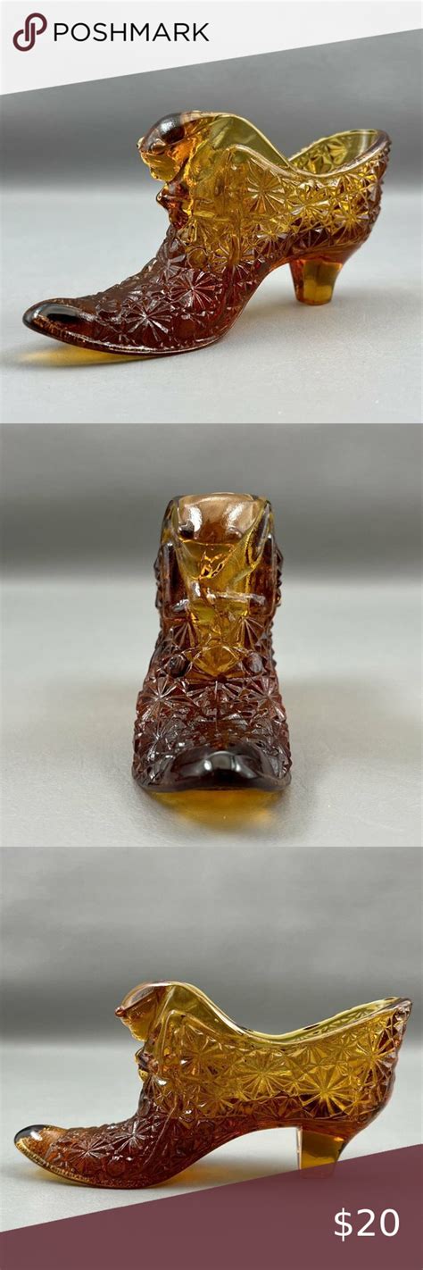 Vintage Fenton Amber Daisy And Button Cat Head Art Glass Shoe Slipper