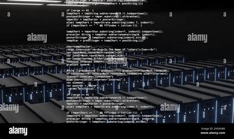 Image Of Text Data Processing Over Banks Of Flashing Computer Servers In Dark Server Room Stock