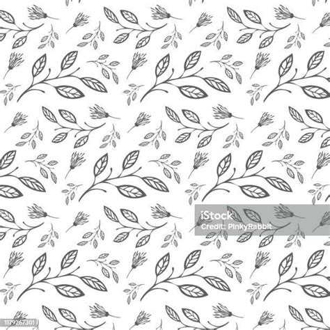Vector Pattern With Gray Leaves And Flowers On White Background Stock