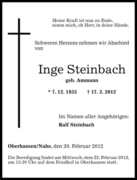 Traueranzeigen Von Inge Steinbach Rz Trauer De