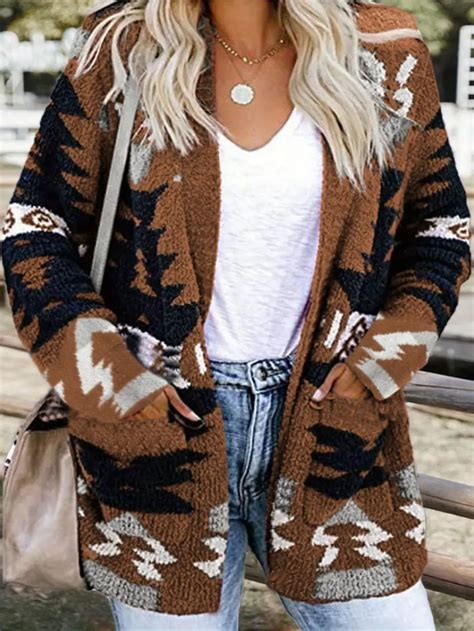 Plus Size Retro Cardigan Womens Plus Geo Jacquard Long Temu