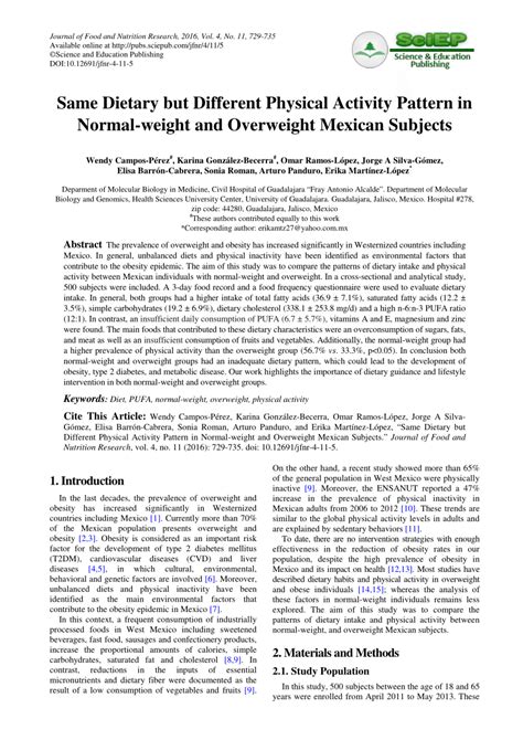 Pdf Same Dietary But Different Physical Activity Pattern In Normal Weight And Overweight