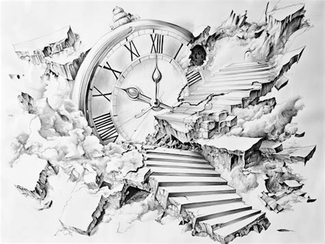 Surreal Broken Clock Drawing With Flying Hands Melting Time Stairs Dali