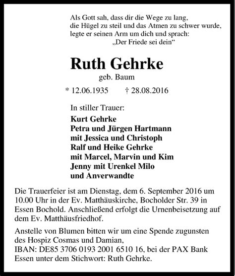 Traueranzeigen Von Ruth Gehrke Trauer In Nrwde