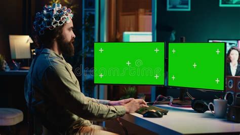 Computer Engineer Starting Mind Upload Process Using Green Screen Pc