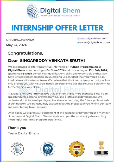 Sruthi Singareddy On Linkedin Internship Digitalbhem