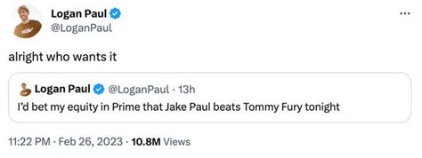 洛根·保罗（logan Paul）在汤米·弗里（tommy Fury）击败他的兄弟杰克（jake）之后，为球迷提供了他的股份。 必威备用网