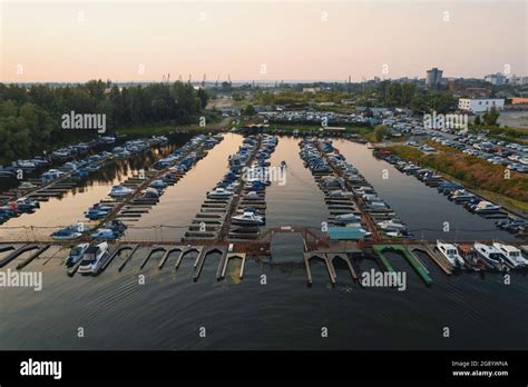 Commercial Motor Boat Parking Small River Port Or Boat Station Stock