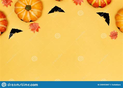 Halloween Symbol Concept Scary Smile Pumpkin And Black Bat With Maple