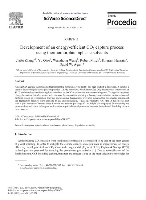 Pdf Development Of An Energy Efficient Co2 Capture Process Using Thermomorphic Biphasic Solvents