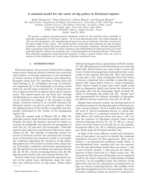 Pdf Minimal Model For The Onset Of Slip Pulses In Frictional Rupture