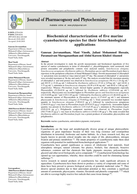 Pdf Biochemical Characterization Of Five Marine Cyanobacteria Species For Their