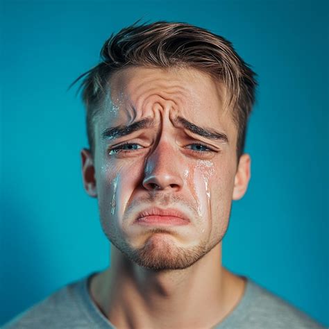 Sad Man Crying With Tears In Eye On Blue Background Teardrop On Face