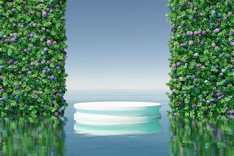 3d 렌더링 플랫폼 및 자연 연단 배경 제품 스탠드 디스플레이 화장품 미용 제품 또는 빈 원형 무대가 있는 스킨케어를 위한