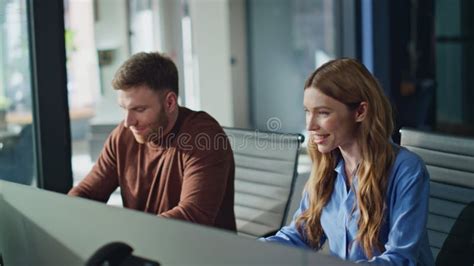 Positive Colleagues Communicating Workplace Closeup Smiling Woman