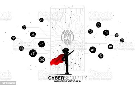 도트 및 라인 회로 보드 스타일에서 모바일에 지문과 잠금 패드 아이콘 슈퍼 히어로 드레스 실루엣 아이 손가락 스캔 기술 및 개인 정보 보호 액세스를위한 배경 개념 슈퍼