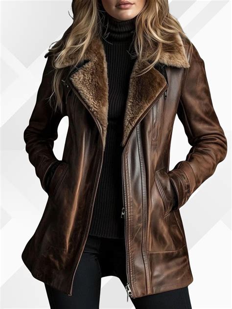 Womens Real Leather Shearling Coat Brown Fur Collar Winter Jacket Long