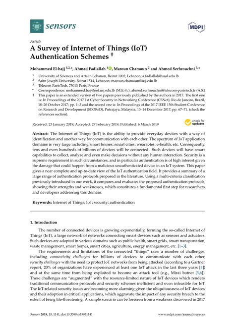 PDF A Survey Of Internet Of Things IoT Authentication Schemes