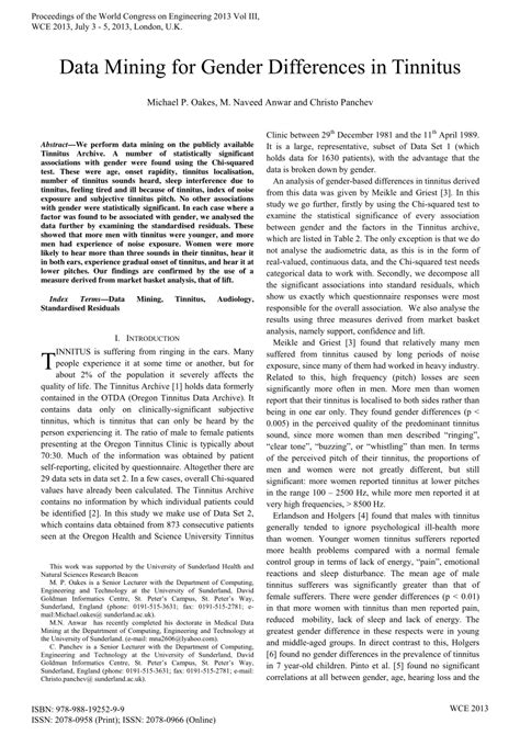 Pdf Data Mining For Gender Differences In Tinnitus