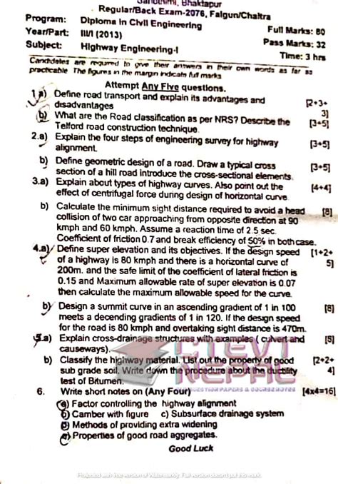 highway engineering i 5th semester question papers ctevt diploma in
